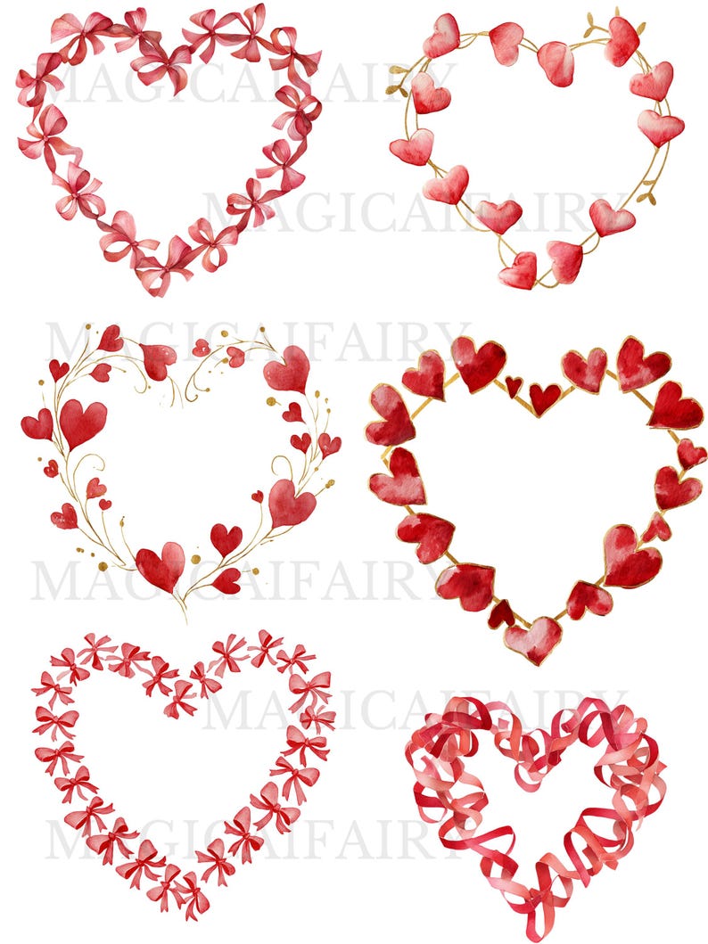 Red Heart Frames Floral PNG Clipart Bundle:watercolor Valentine's Day ...