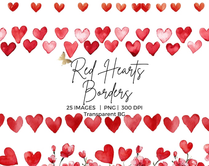Valentines Red Hearts Borders PNG Clipart Bundle:watercolor Valentine's ...