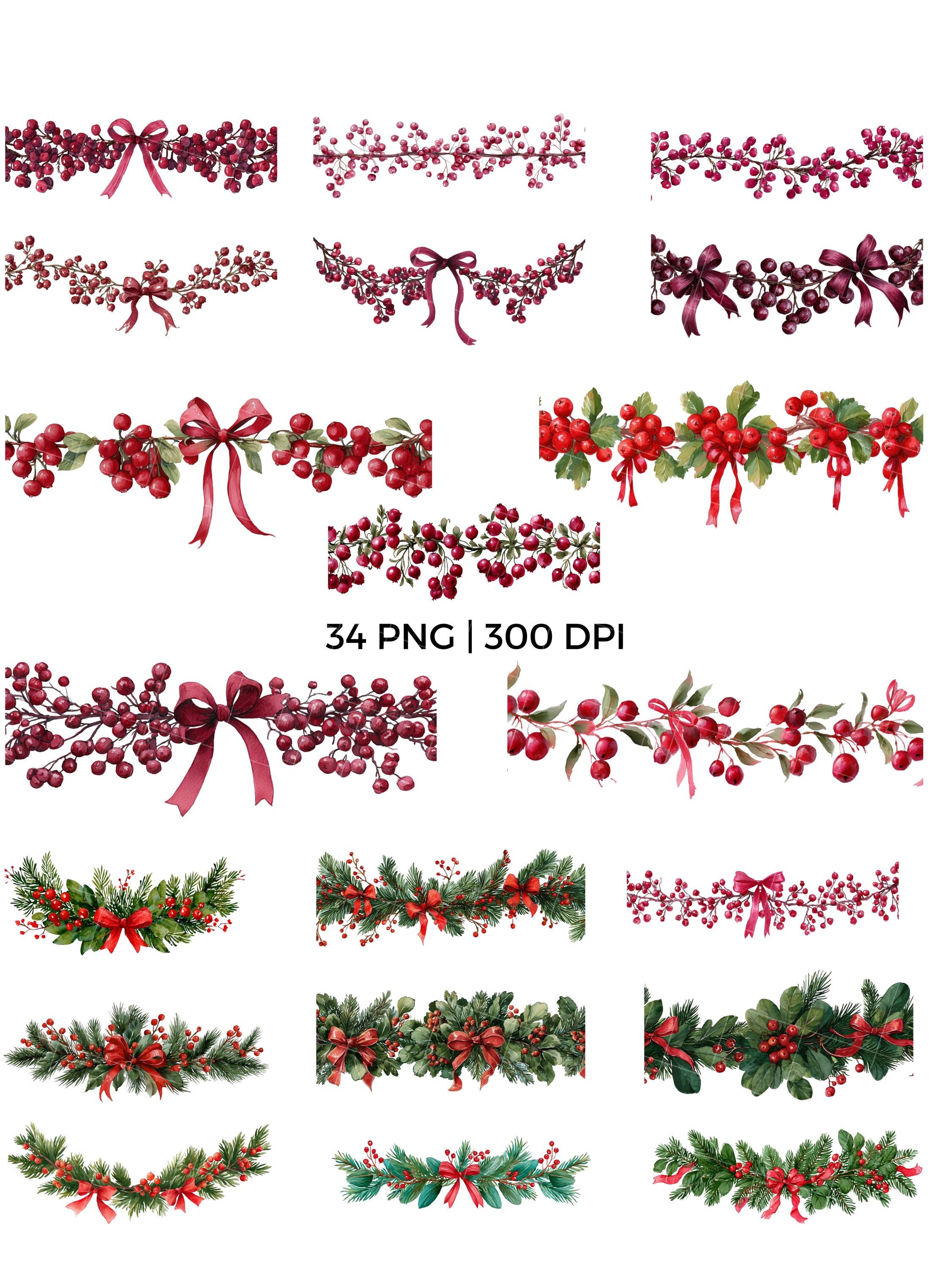 34 Christmas Red Berries Border & Garland PNG Clipart Bundle ...