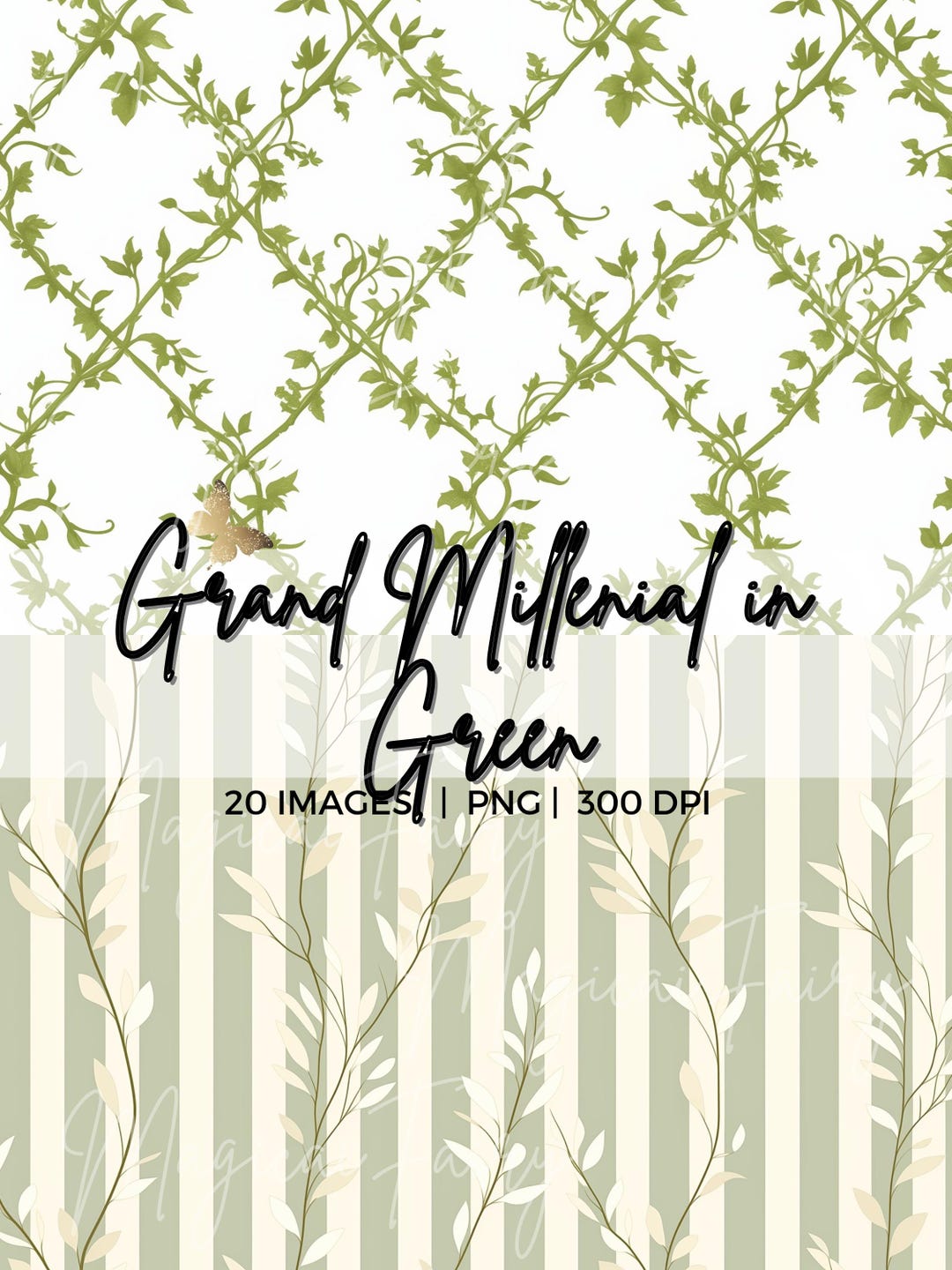Grand Millenial Seamless Pattern Bundle PNG Preppy Green Floral Bows ...