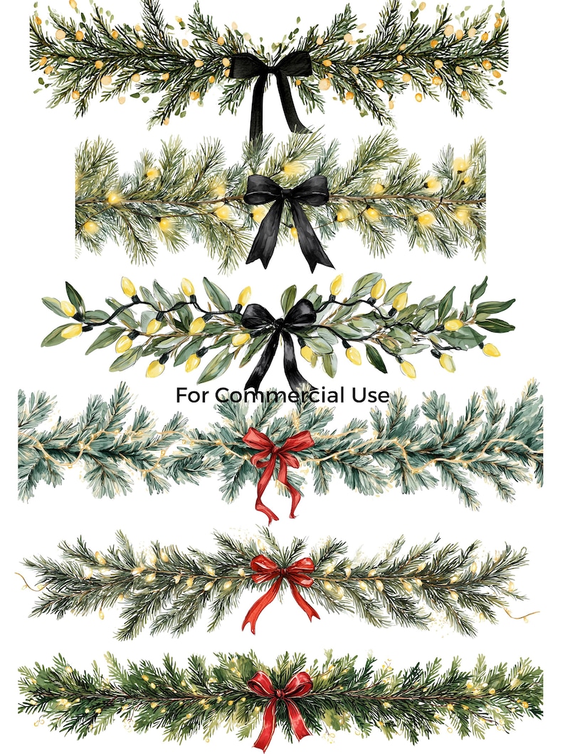 54 Simple Christmas Pine Garland PNG Clipart Bundle, Watercolor ...