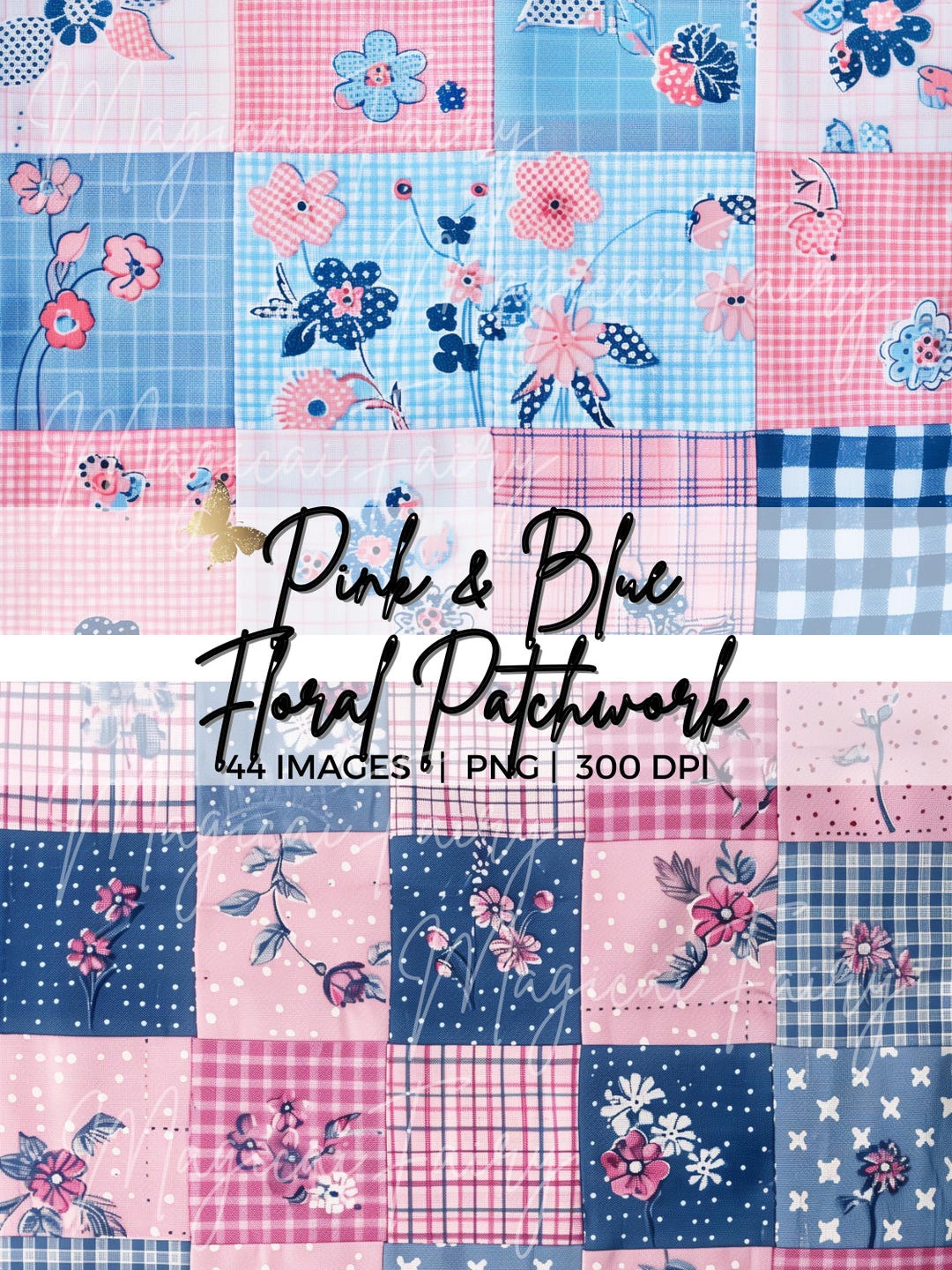 Pink & Blue Patchwork Seamless Patterns, Floral Grand Millenial ...