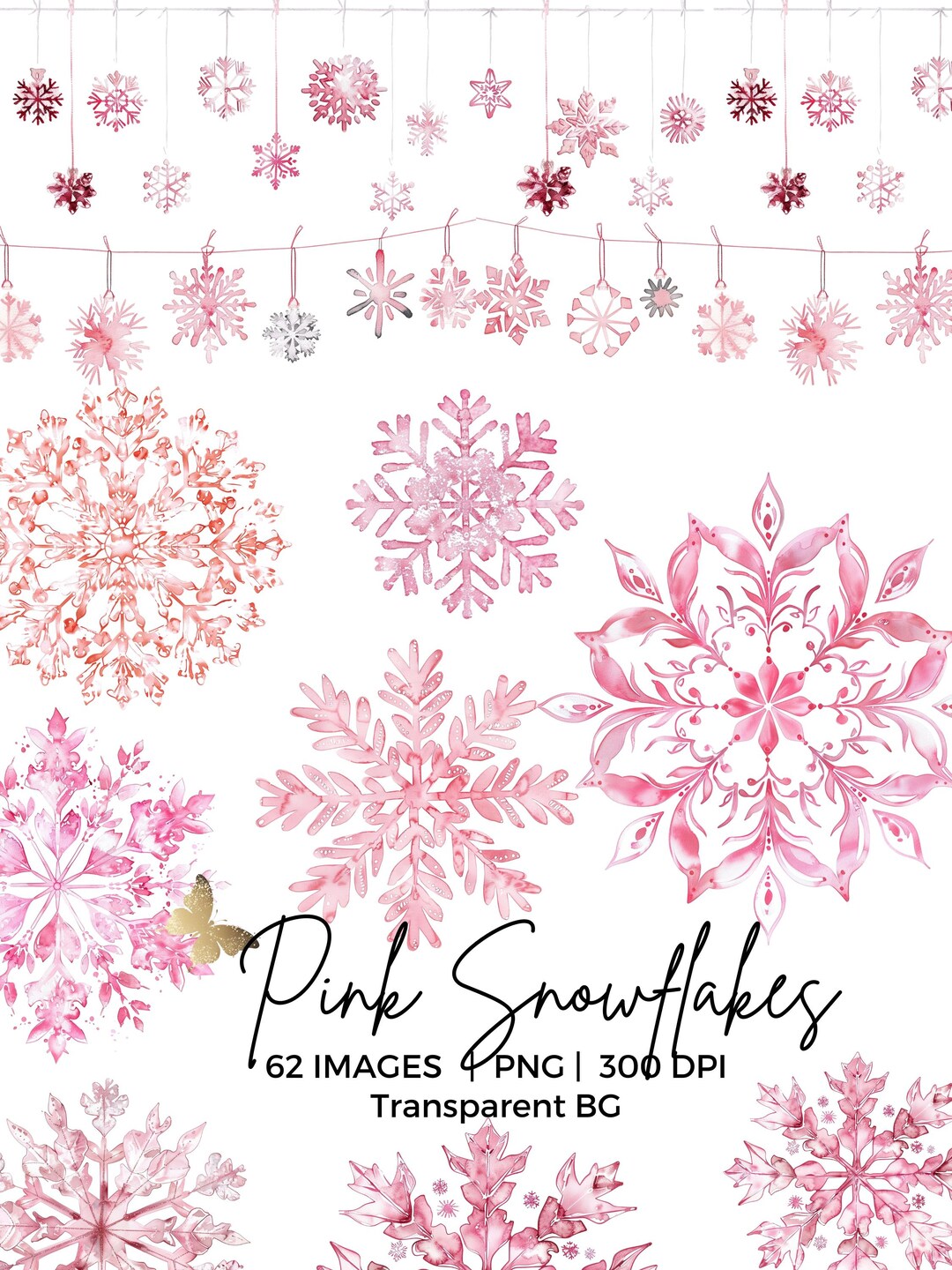 Watercolor Pink Snowflakes PNG, Pastel Christmas Clipart Bundle, Winter ...