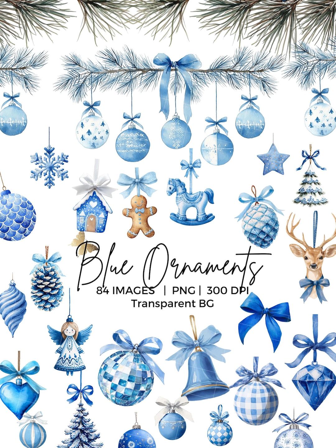 Blue Christmas Ornaments PNG Clipart Bundle, Watercolor Icy Baubles Png ...