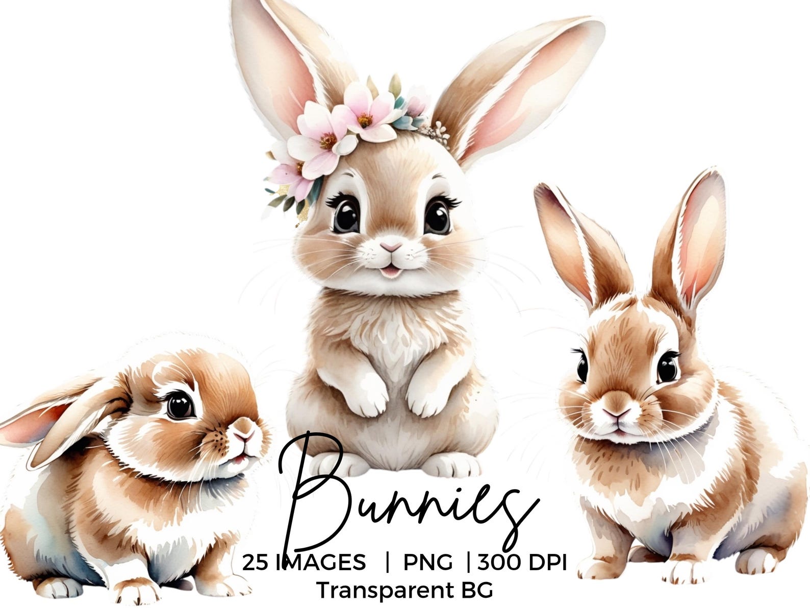 Spring Bunnies PNG Rabbits Flowers Clipart Bundle Watercolor Floral ...