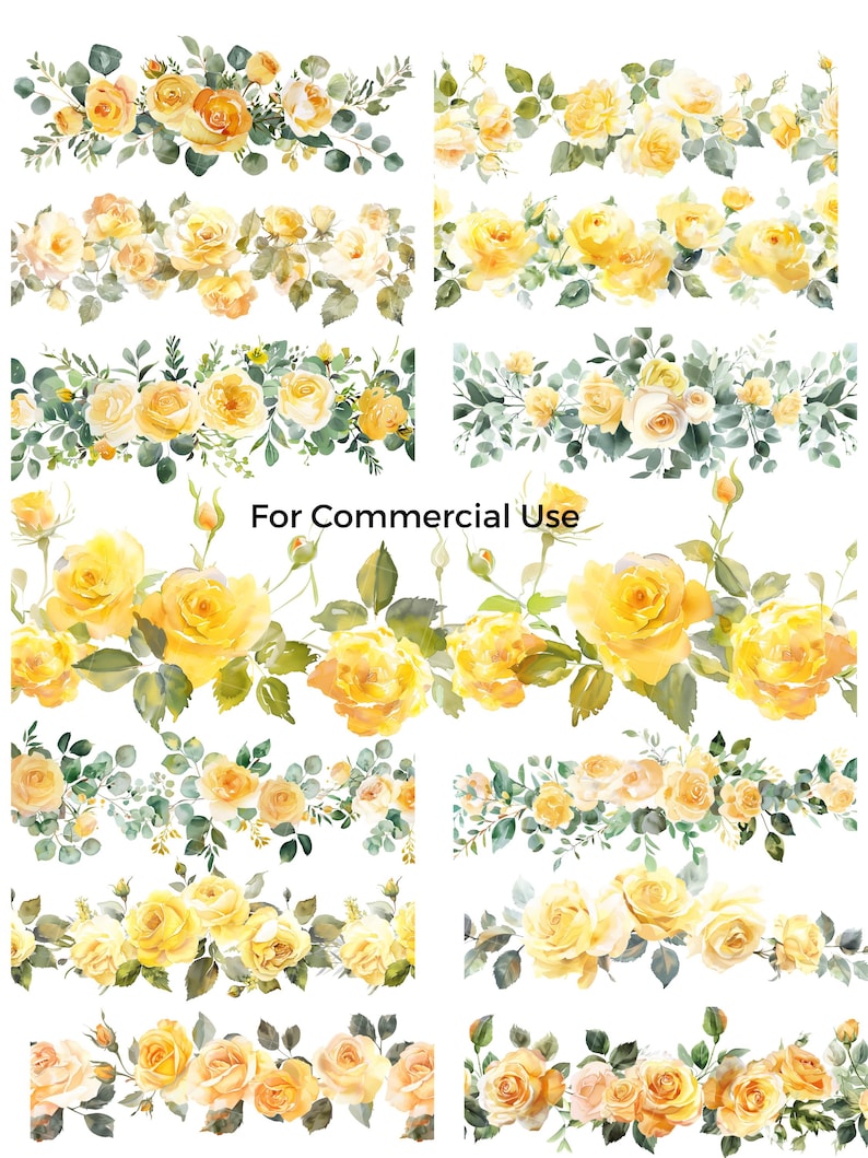 Yellow Roses PNG Clipart Bundle, Watercolor Yellow Roses Flower Bouquet ...