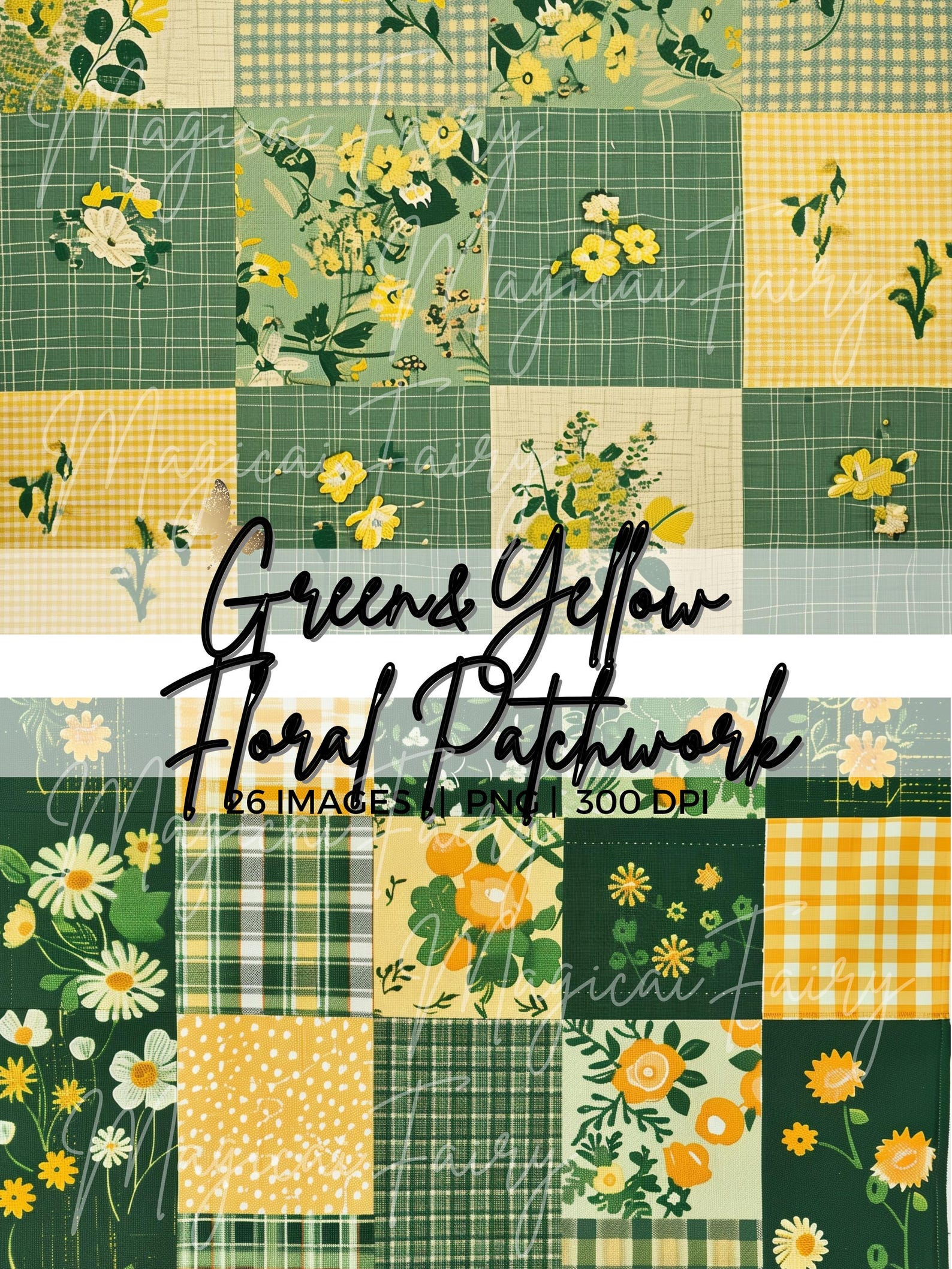 Yellow & Green Patchwork Seamless Pattern, Floral Grand Millenial ...