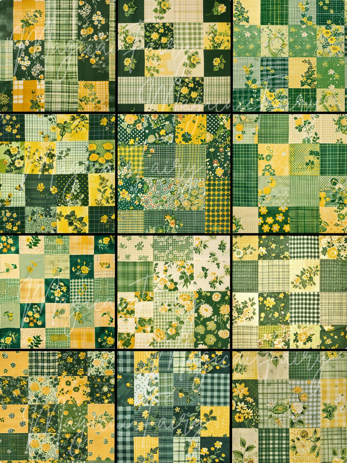 Yellow & Green Patchwork Seamless Pattern, Floral Grand Millenial ...