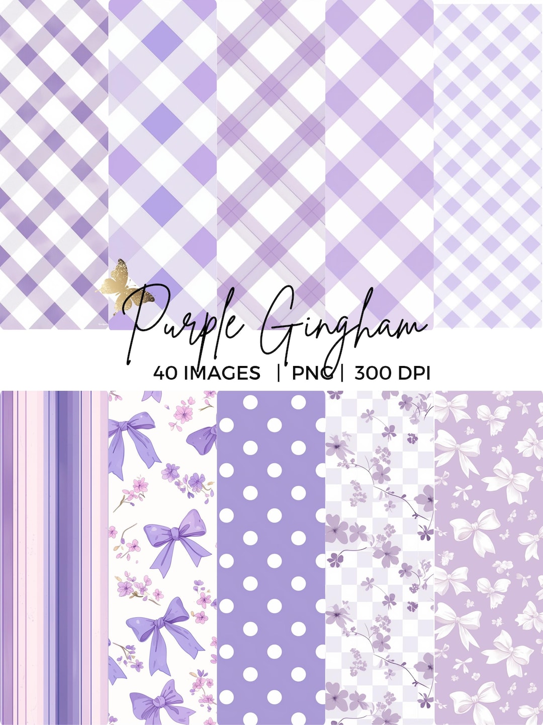 Purple Gingham Seamless Pattern Bundle PNG Watercolor Purple Stripes ...