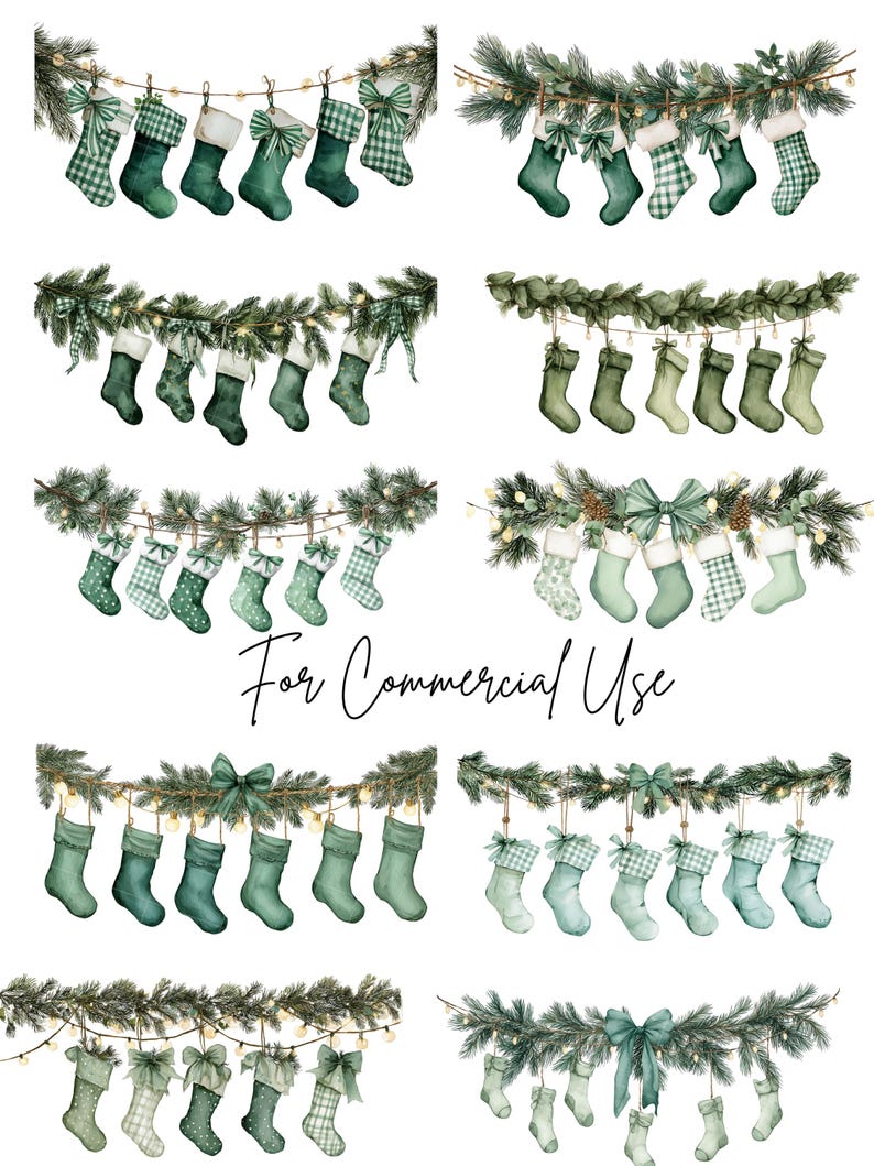 Christmas Garland With Stockings PNG Clipart Bundle, Watercolor ...