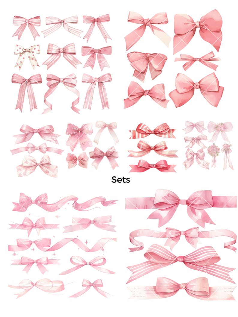 Coquette Pink Ribbons PNG Clipart Bundle Watercolor Pink Bow Ribbons ...