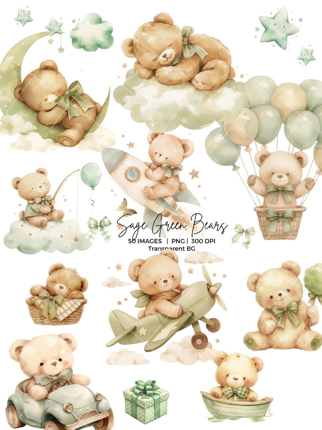 Cute Sage Green Teddy Bears Clipart Bundle Watercolor Bear PNG, Cute ...
