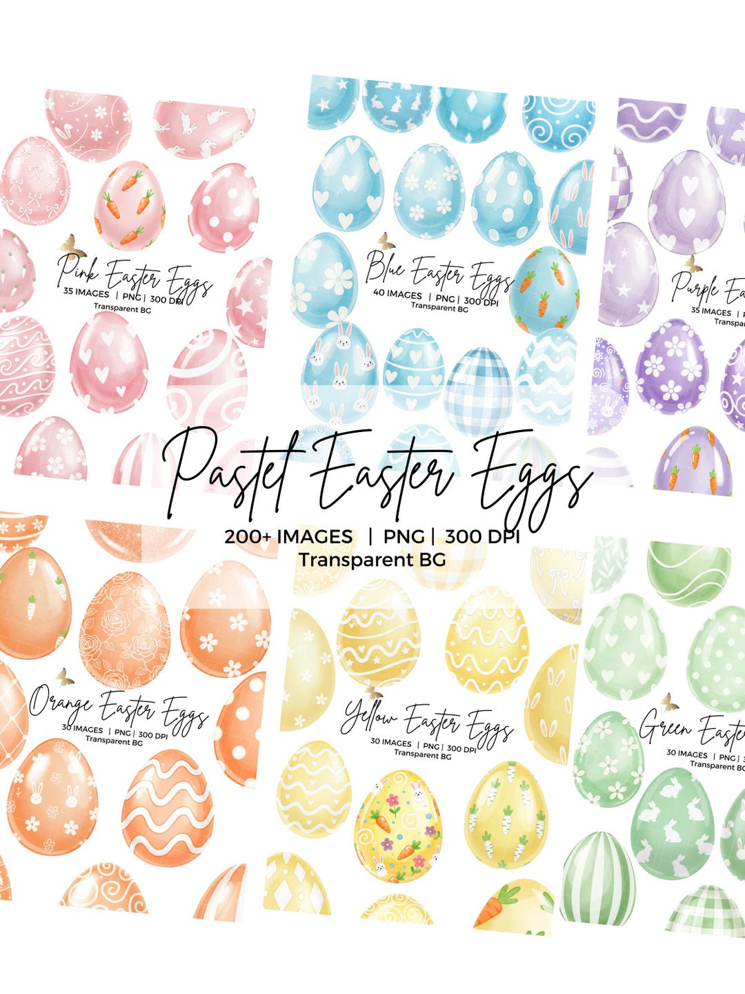 Big Bundle 238 Pastel Easter Eggs PNG Clipart Bundle: Watercolor Easter ...