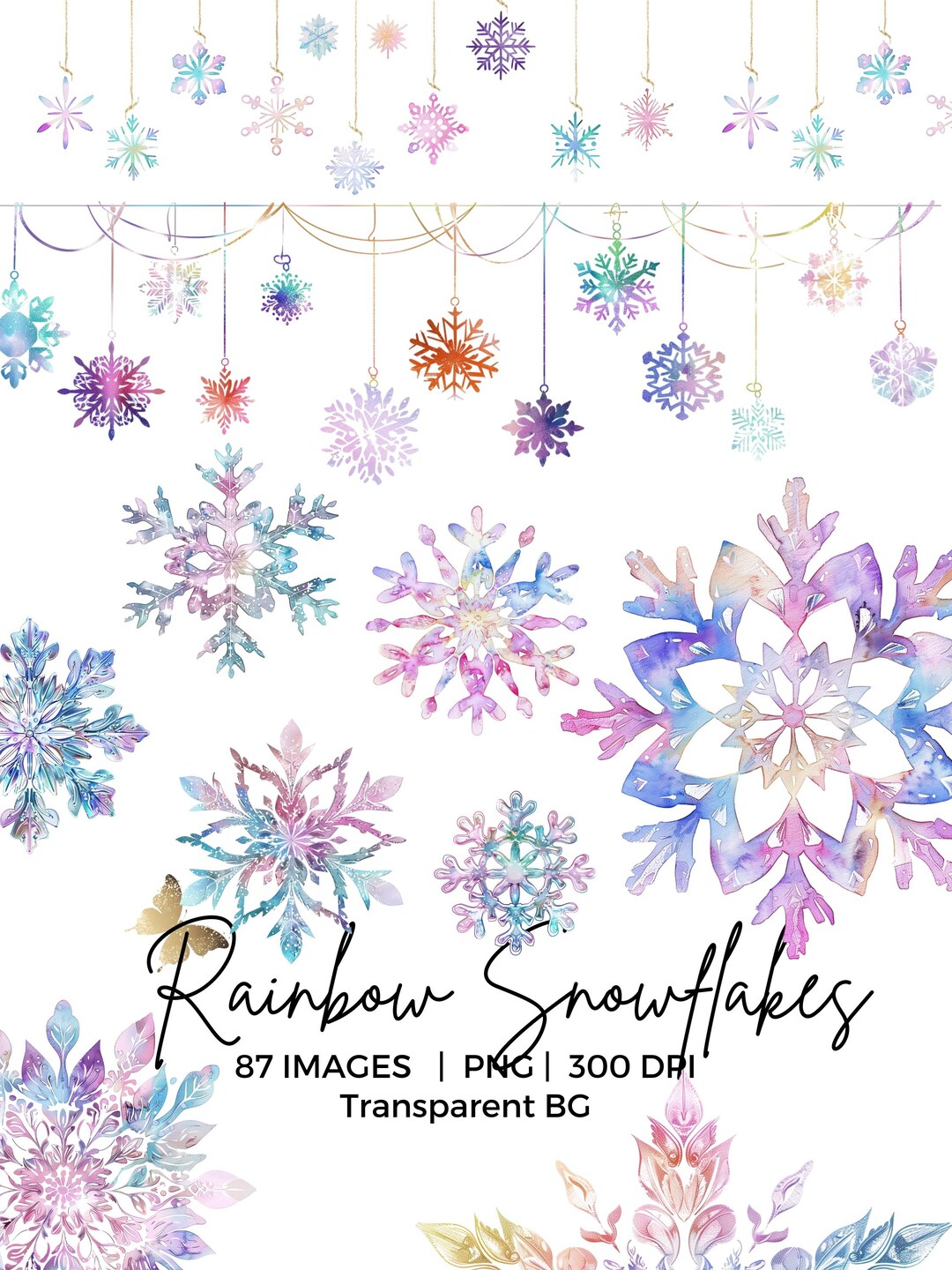 Watercolor Rainbow Snowflakes PNG, Pastel Christmas Clipart Bundle ...