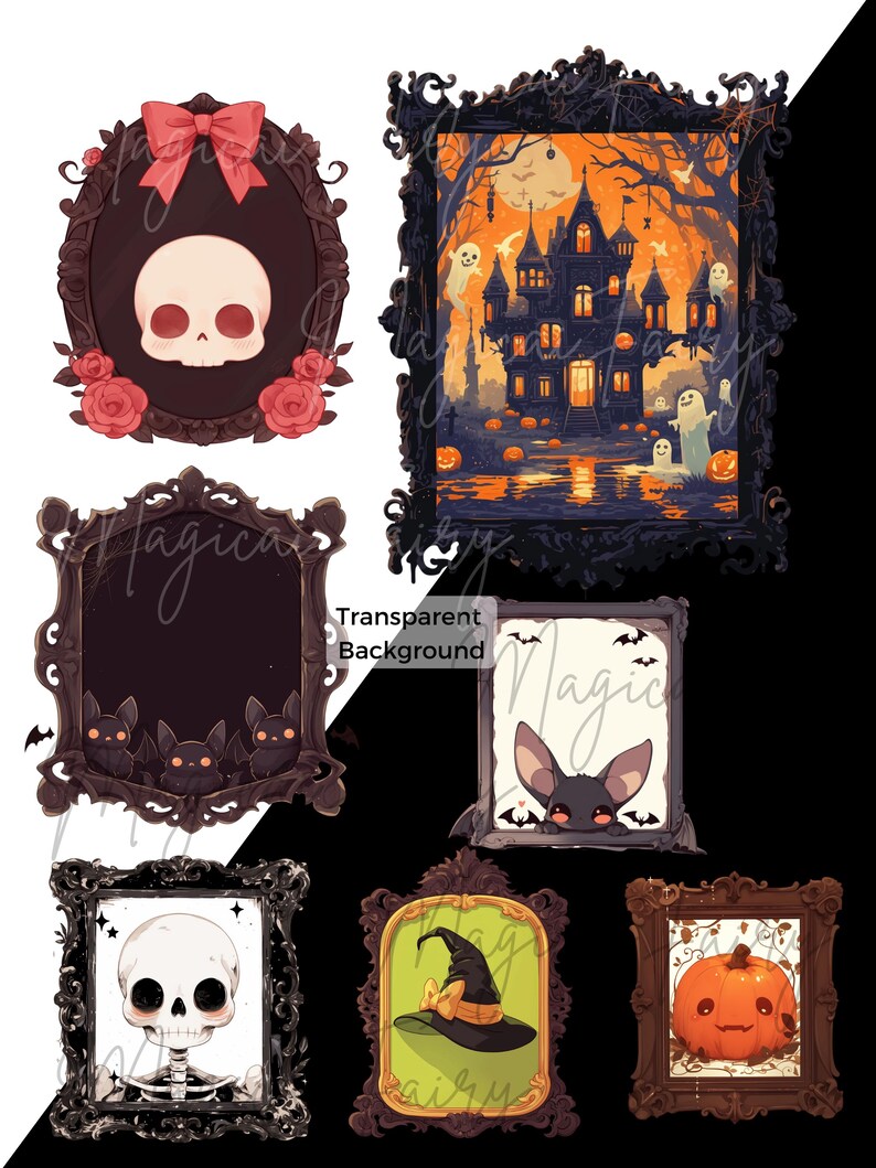 Retro Halloween Picture Frames PNG Clipart: Spooky Ghosts, Cats, Witch ...