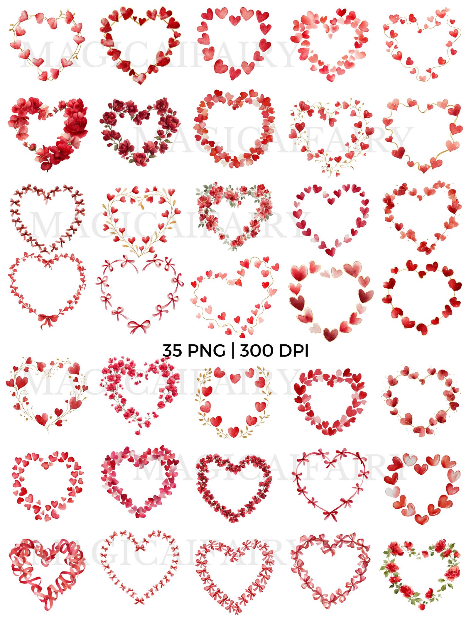 Red Heart Frames Floral PNG Clipart Bundle:watercolor Valentine's Day ...