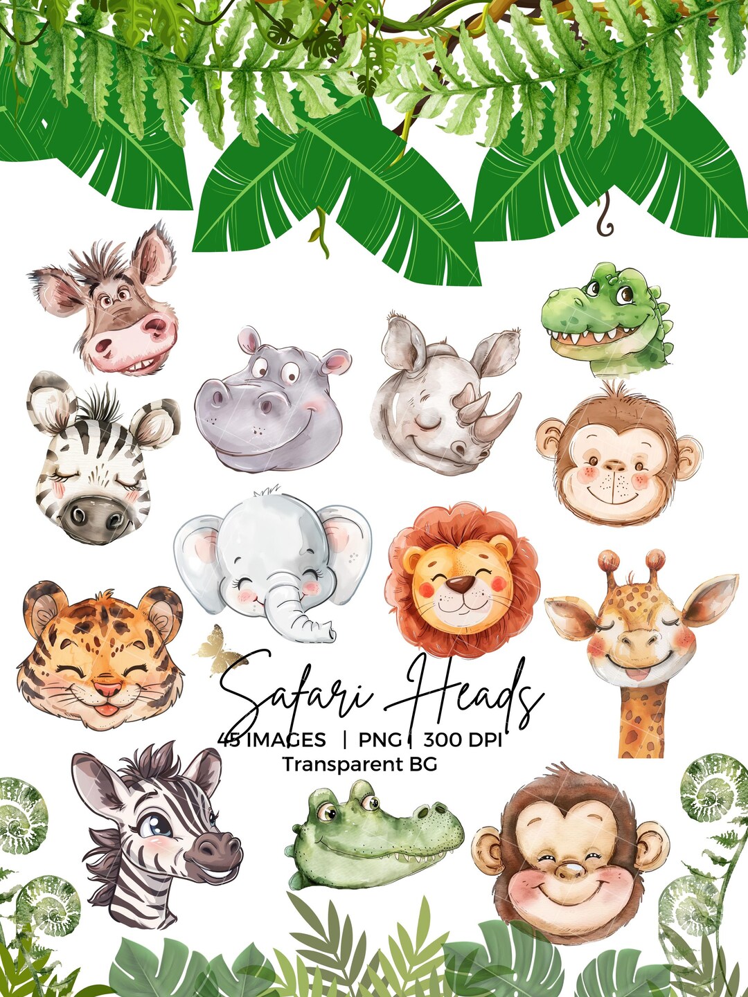 Safari Wildlife PNG Bundle, Watercolor Animals Head Clipart Bundle ...