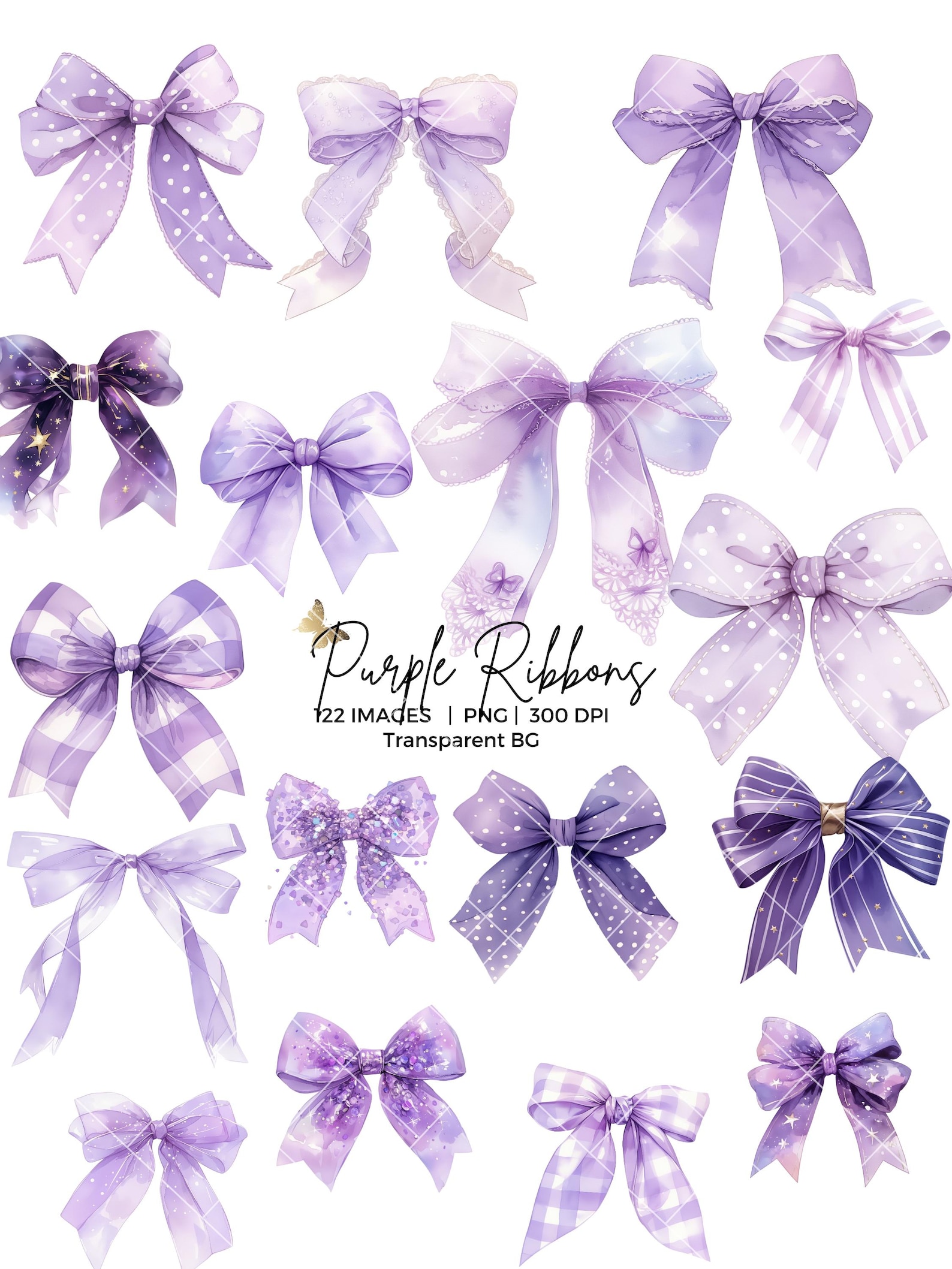 Cute Purple Ribbons PNG Clipart Bundle Watercolor Purple Ribbons Clip ...