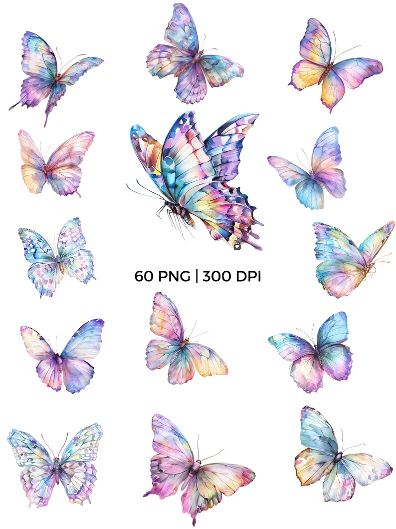 Rainbow Butterflies Clipart, Watercolor Iridescent Butterfly PNG Bundle ...