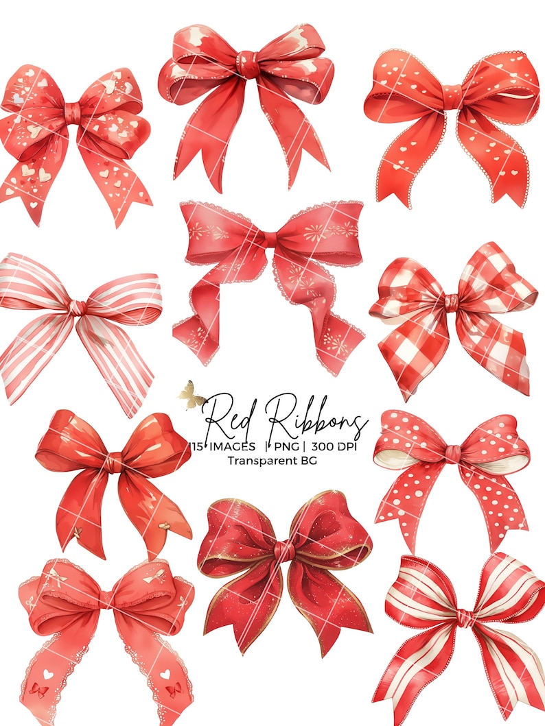 Watercolor Red Ribbons PNG Clipart Bundle: Gingham, Plaid, Stripes ...