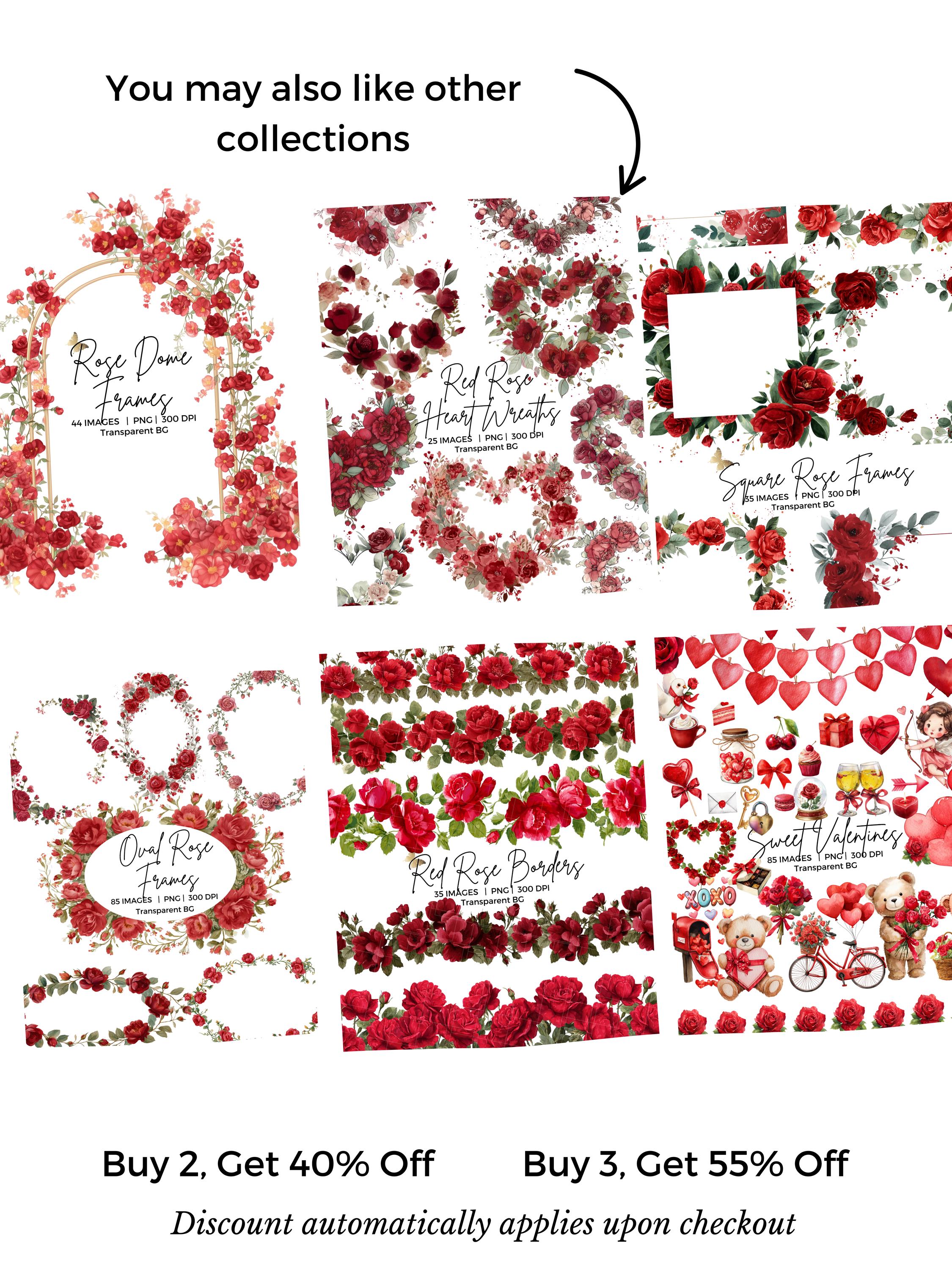 Red Hearts Round Frames PNG Clipart Bundle: Watercolor Valentine's Day ...