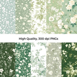 Green Floral Toile Seamless Pattern Bundle PNG Watercolor Sage Green ...