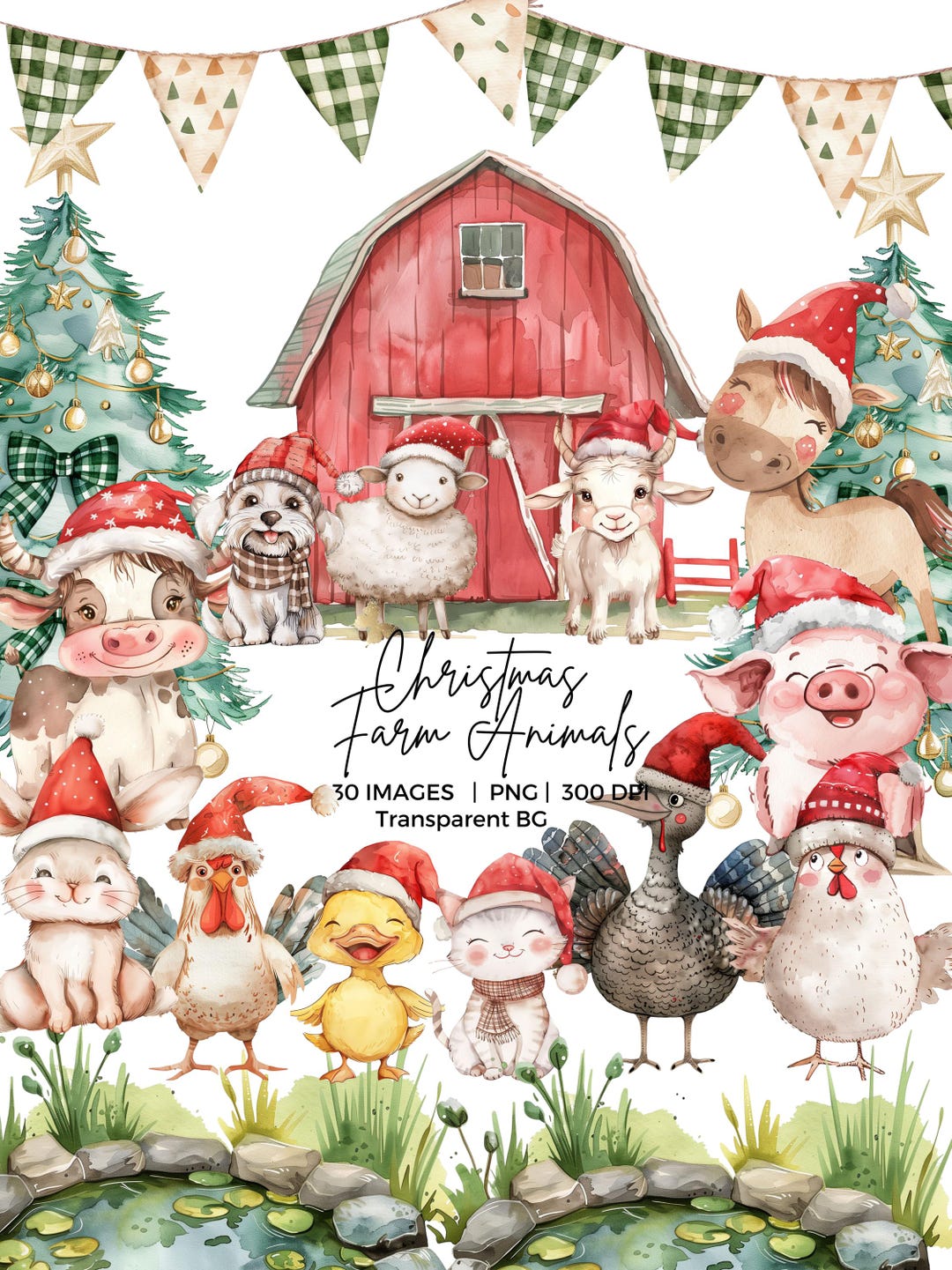 Christmas Farm Animals PNG, Watercolor Farm Animals Clipart Bundle ...