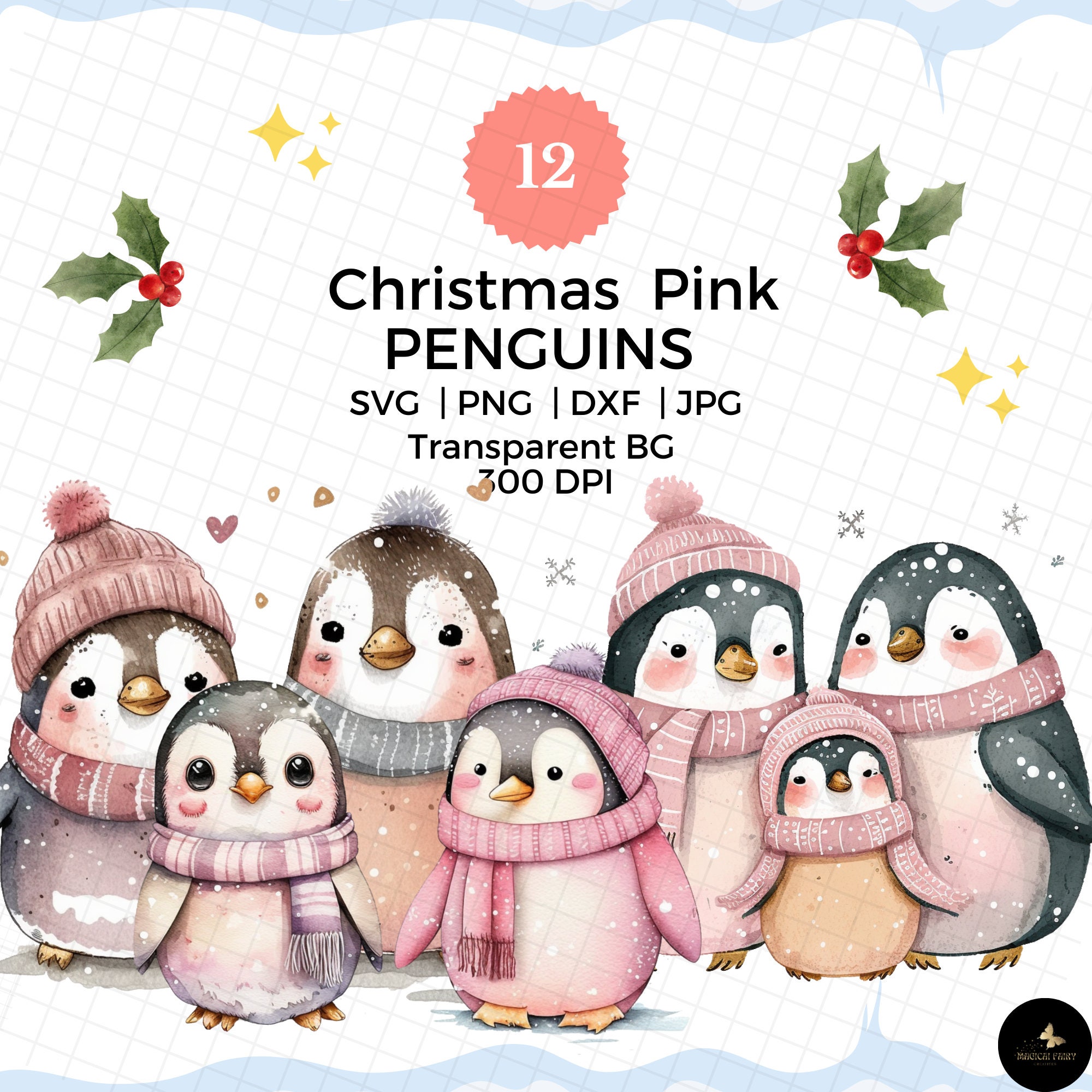 Pink Christmas Penguins Clipart: Scandinavian Holiday PNG Bundle ...
