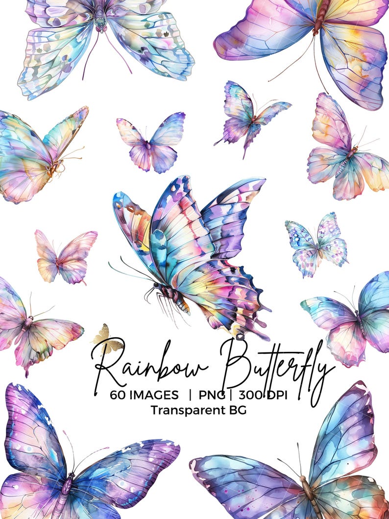 Rainbow Butterflies Clipart, Watercolor Iridescent Butterfly PNG Bundle ...