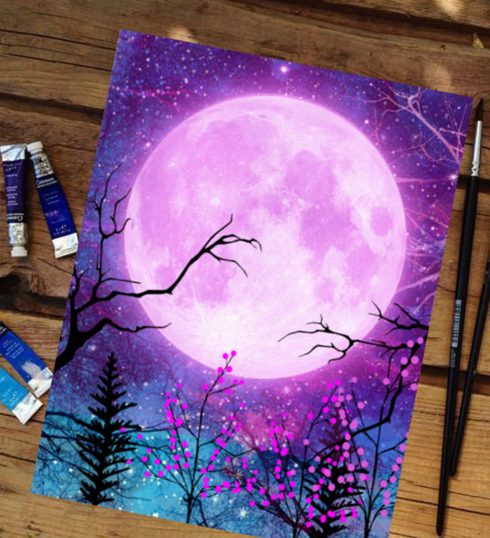 Moon Painting, Moon Art Print, Full Moon, Moon Phases Art Print A4, A3 ...