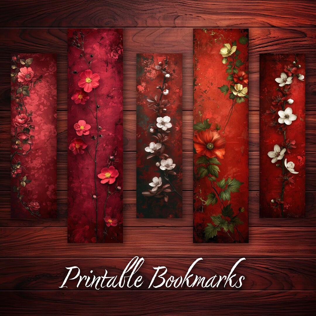 Bookmark Printable Set of 10 Bright Burgundy & Minimalist Flowers ...