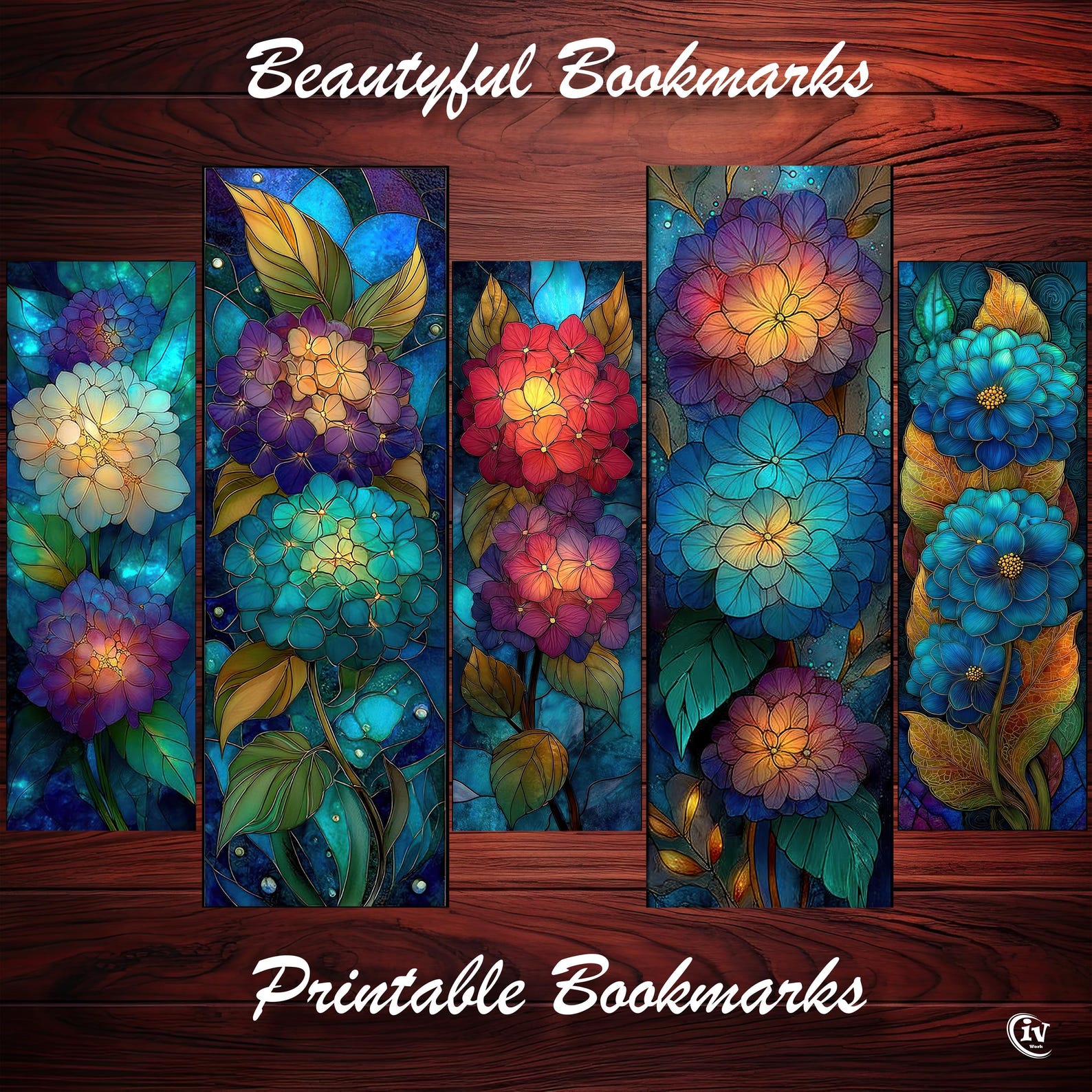Beautiful Hydrangea Bookmark Set Printable Stained Glass Bookmark Gift ...