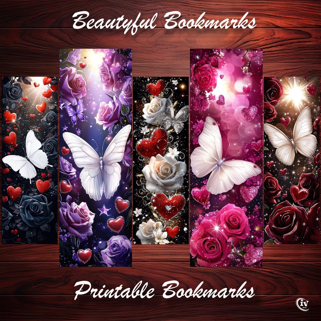 Sparkling Butterfly Beautiful Bookmark Set With Rose Heart Printable ...