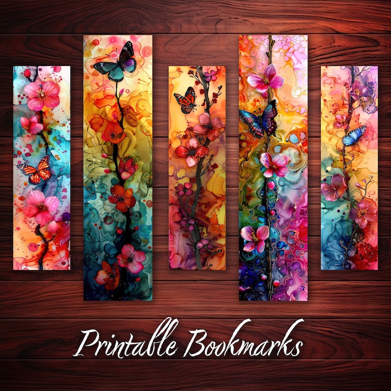 Bookmark Spring Flower Butterfly on Colorful Alcohol Ink Background Set ...