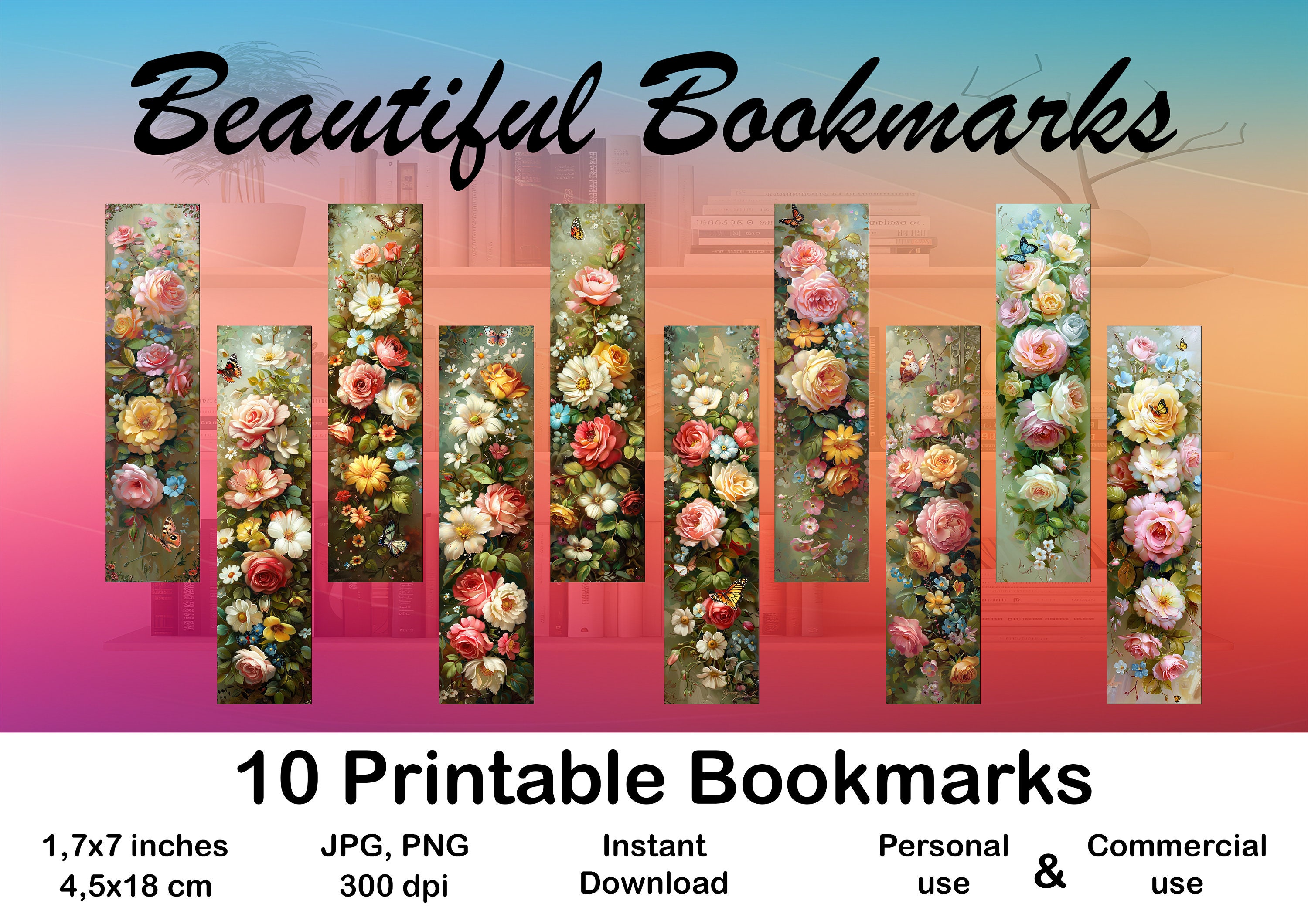 Vintage Floral Bookmarks Set of 10 Printable Bookmark for Book Lover or ...