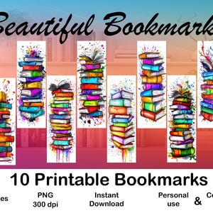 Watercolor Colorful Book Stack Bookmarks Set Printable Decorative ...
