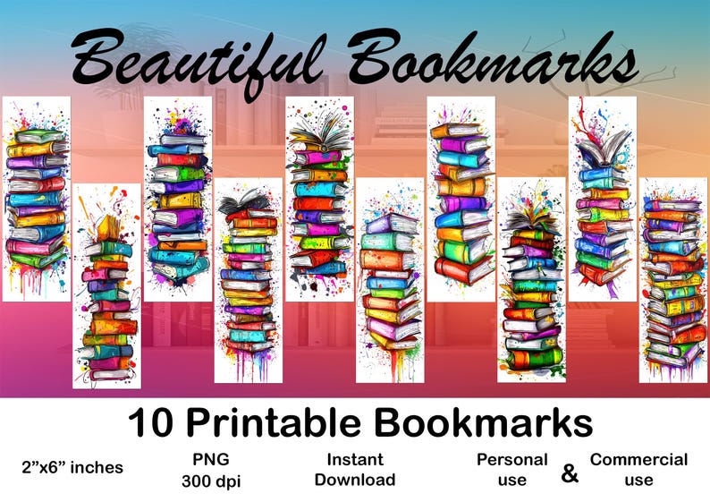 Watercolor Colorful Book Stack Bookmarks Set Printable Decorative ...