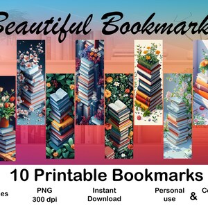 Floral Book Stack Bookmark Printable Set of 10 for Book Lover or Reader ...