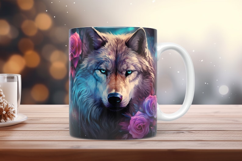 Wolf Mug Wrap 11oz & 15oz Mug Template Wolf in Roses Mug Sublimation ...