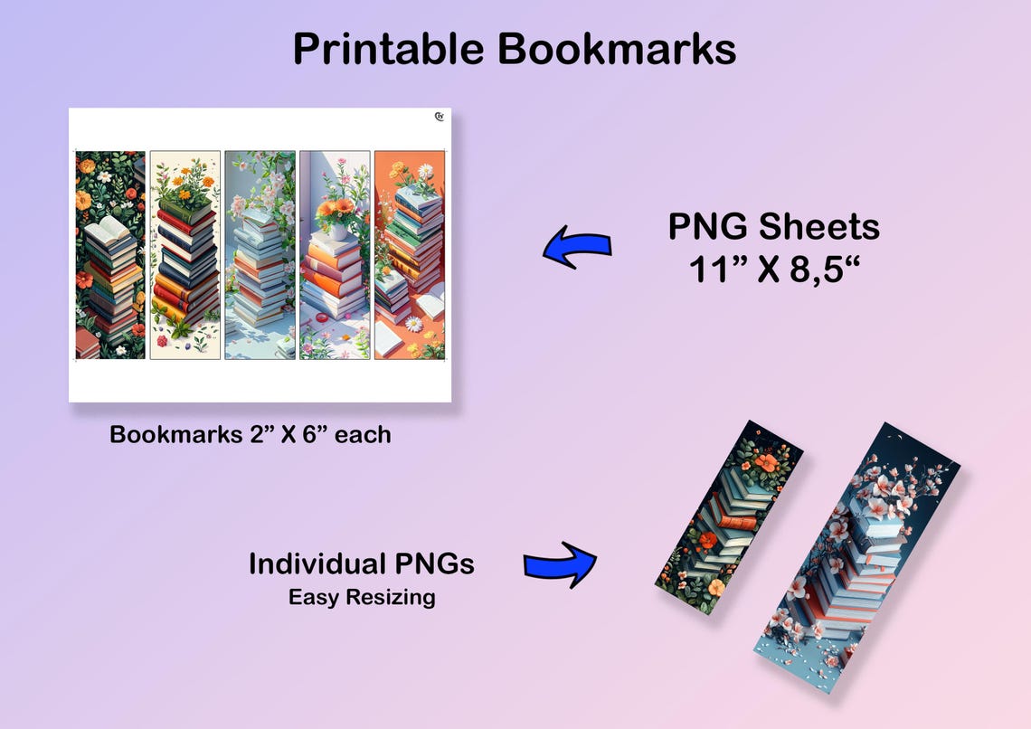 Floral Book Stack Bookmark Printable Set of 10 for Book Lover or Reader ...