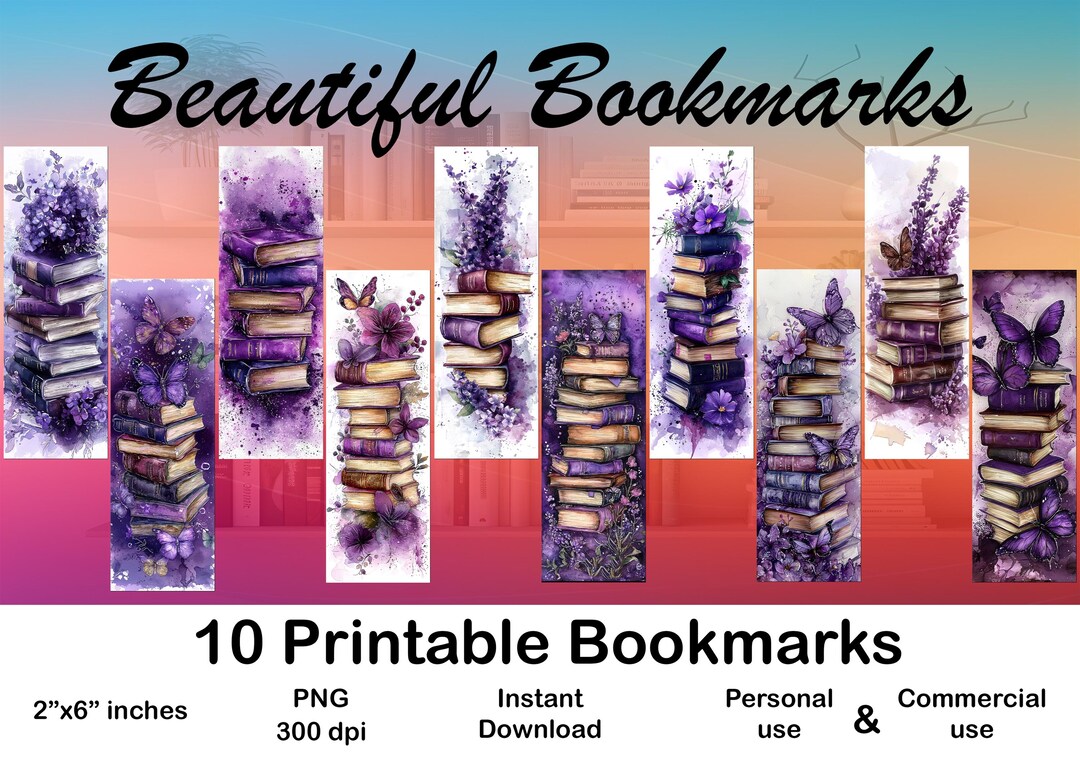 Vintage Purple Printable Bookmarks With Books Butterflies and Floral ...