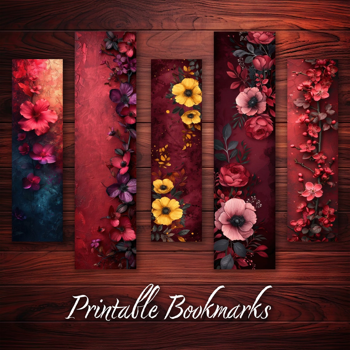 Bookmark Printable Set of 10 Bright Burgundy & Minimalist Flowers ...
