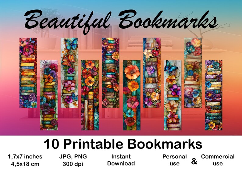 Books and Colorful Flowers Bookmarks Alcohol Ink Art Set of 10 ...