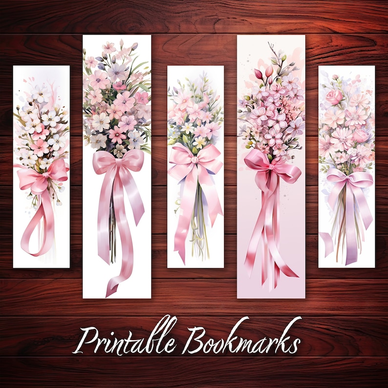 Pink Bow Ribbon Bookmark Digital Pink Flower Bookmark for Book Lover ...