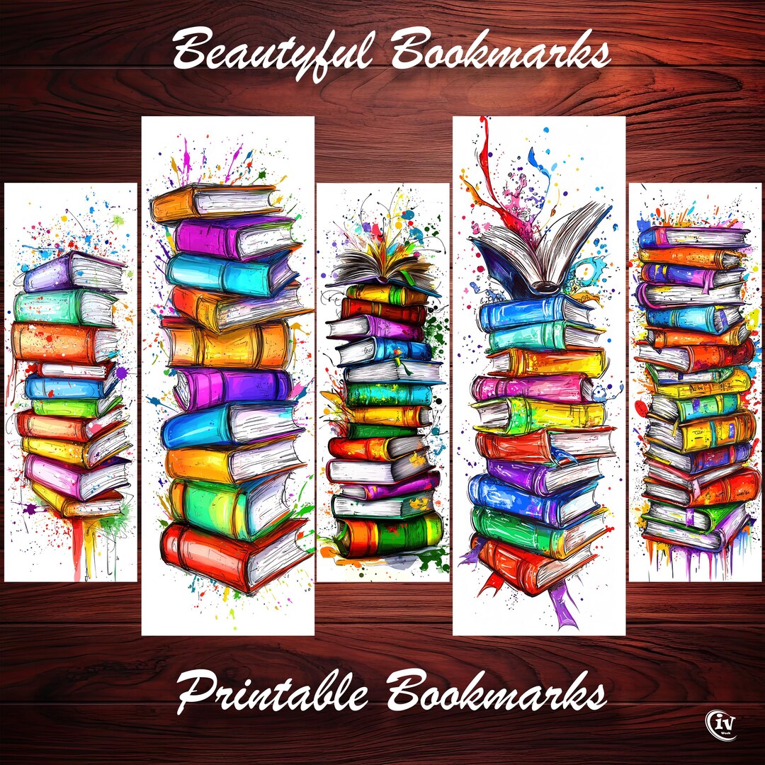 Watercolor Colorful Book Stack Bookmarks Set Printable Decorative ...