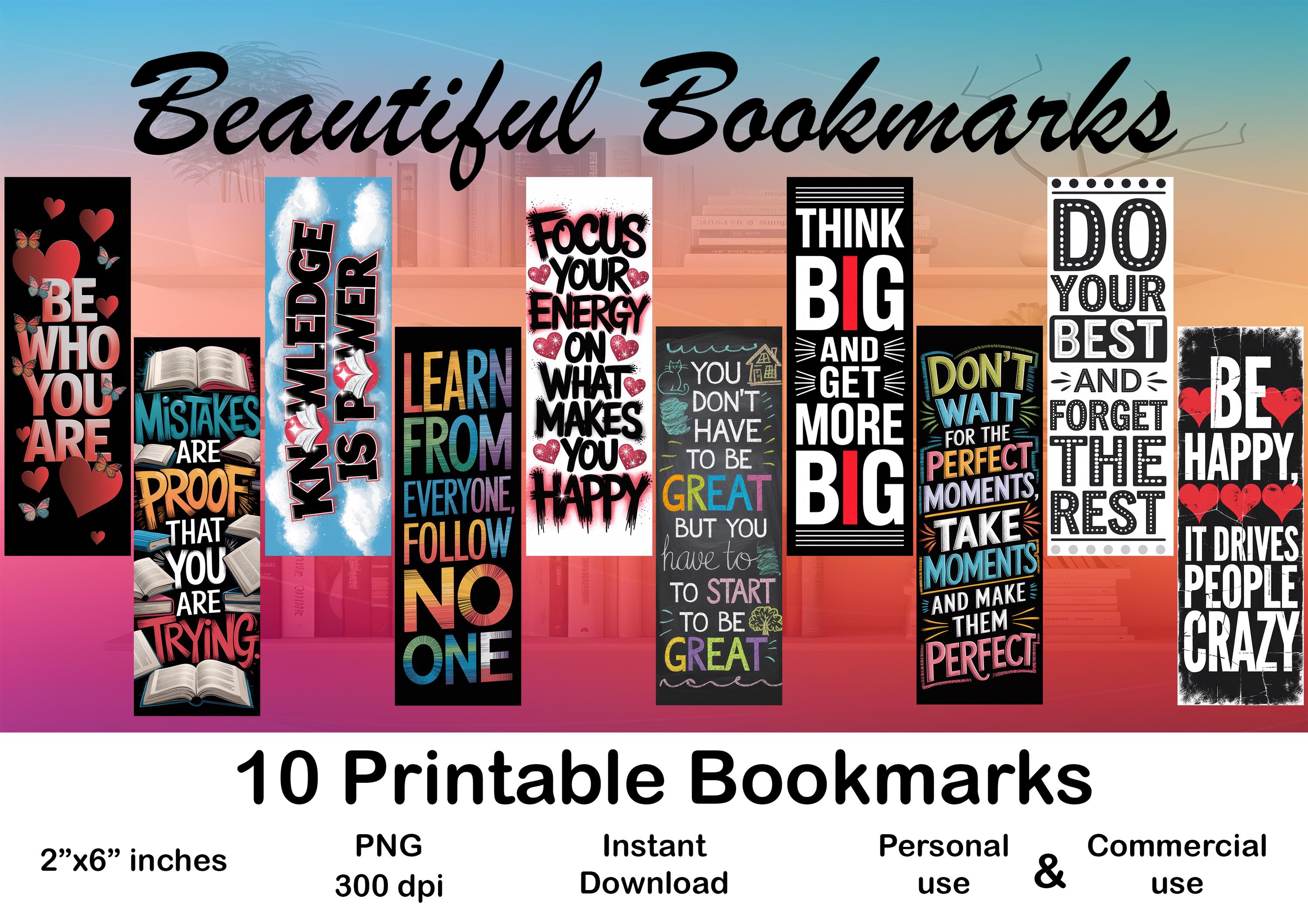 Positive Quote Bookmark Set of 10 for Book Lover or Reader Motivational ...