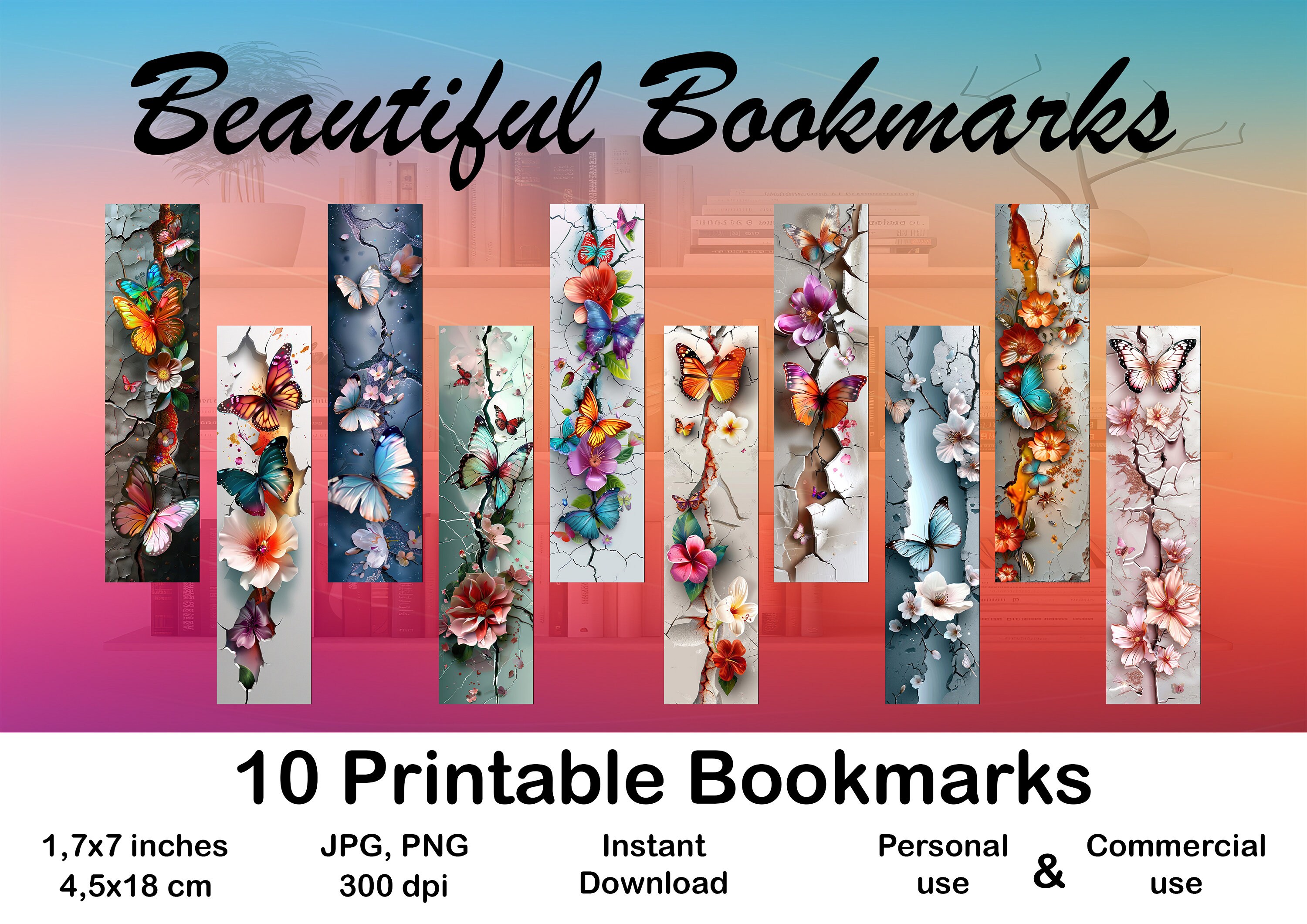 Bookmarks Printable Set of 10 for Book Lovers 3D Floral Butterfly ...