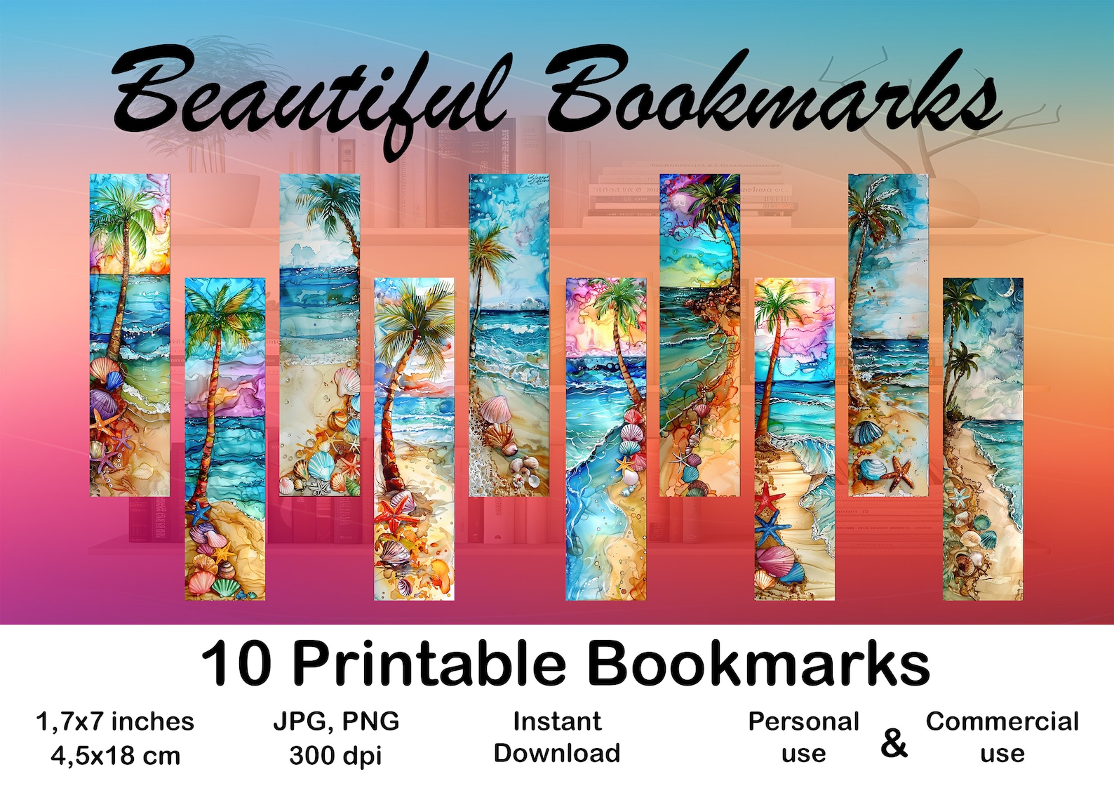 Summer Beach Printable Bookmark Set of 10 Palm and Sea Shells Bookmark ...