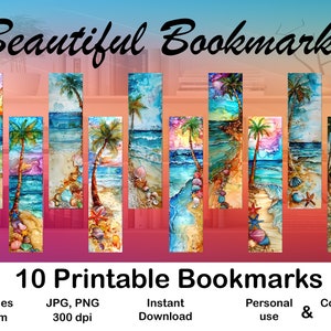 Summer Beach Printable Bookmark Set of 10 Palm and Sea Shells Bookmark ...