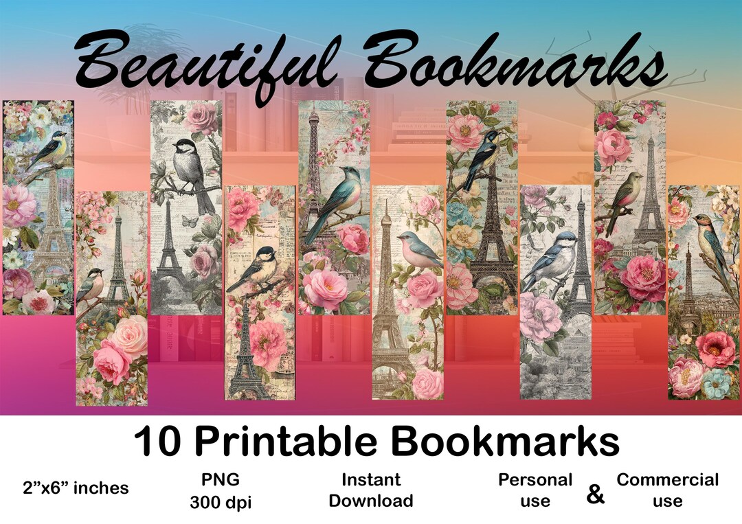 Printable French Bird Bookmark Set for Book Lovers Shabby Chic Eiffel ...
